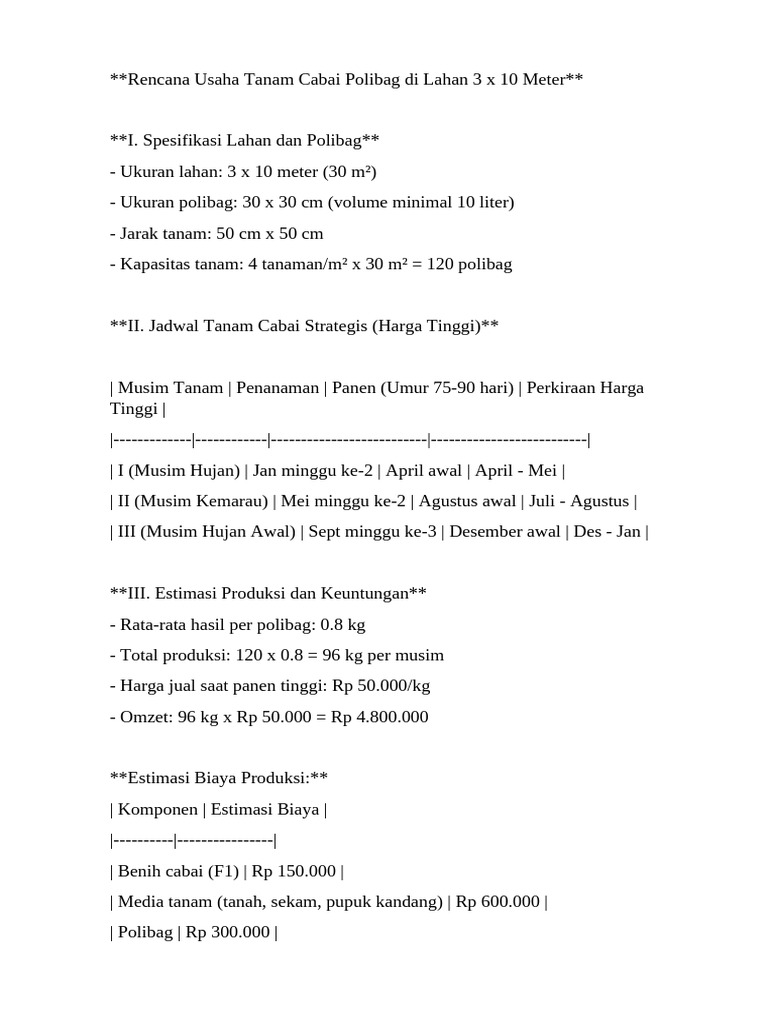 Rencana Usaha Tanam Cabai Polibag di Lahan 3 x 10 Meter | PDF