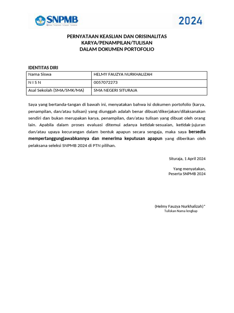 00 Template Pernyataan Peserta (Portofolio 2024) | PDF