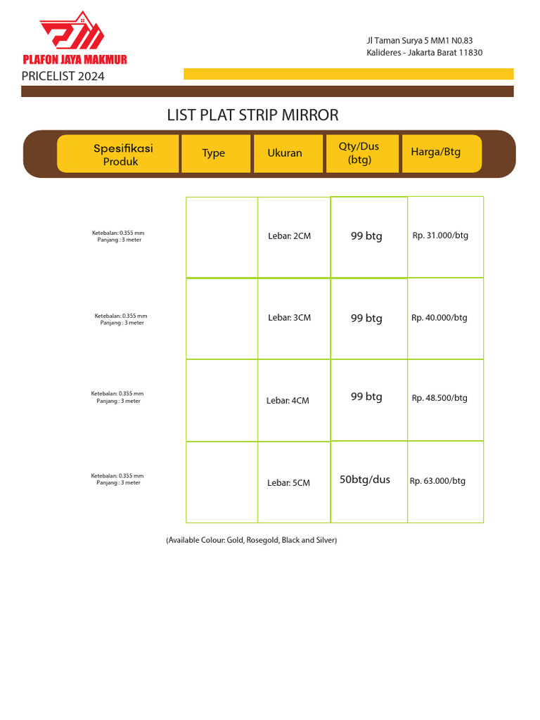 NEW PRICELIST PLAT STRIP MIRROR - Pak Sumarno | PDF