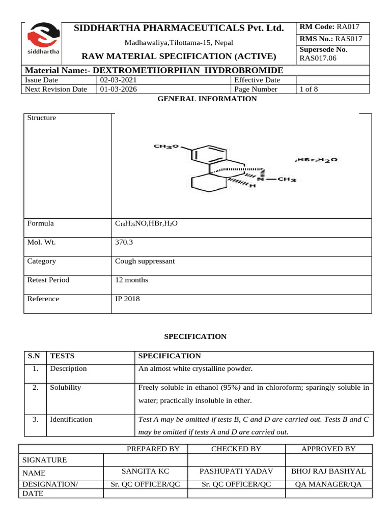 RA017 - Dextromethorpan HBR | PDF | Solubility | Precipitation (Chemistry)