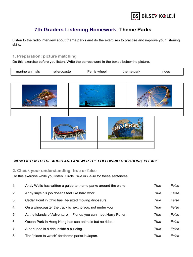 Theme Parks Listening Homework | PDF | Amusement Park