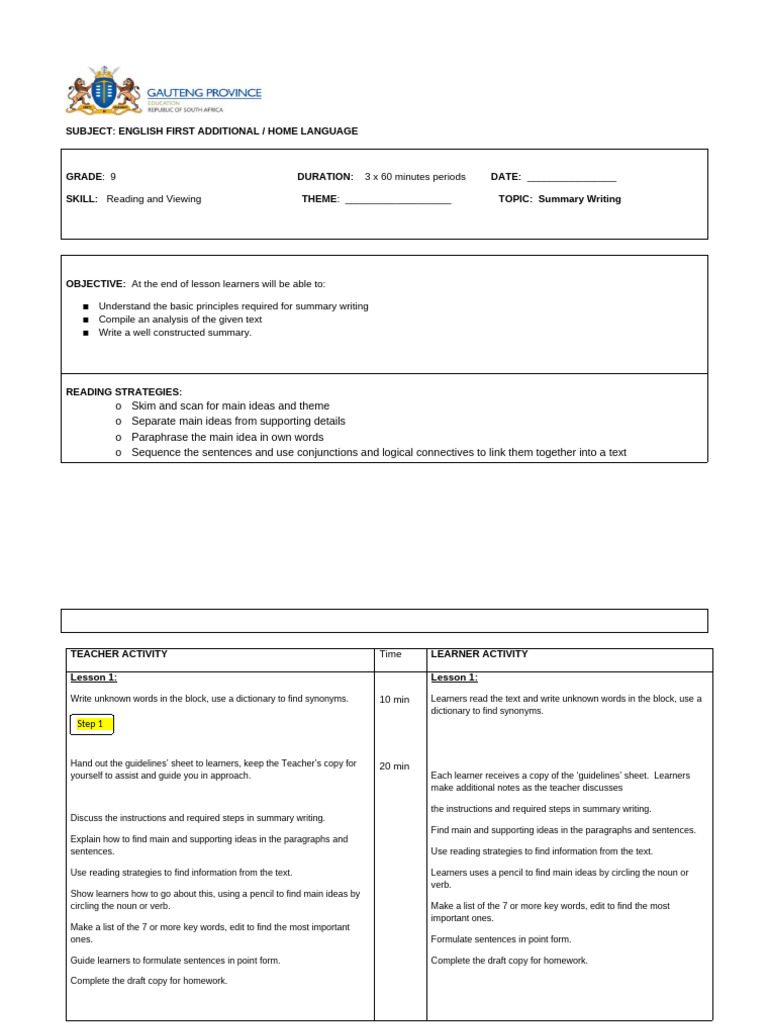 GR 9 ENG - Summary Writing - Lesson Plan | PDF | Cognitive Science ...