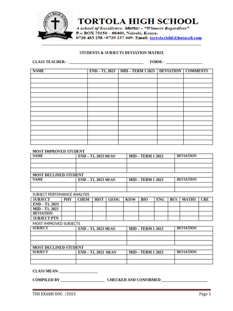 Students and Subjects Deviation Matrix | PDF