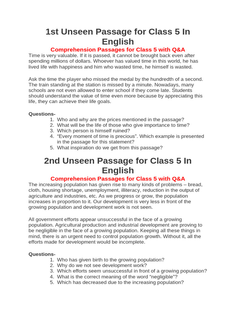 Unseen Passages for Class 5 with Q&A | PDF | Economies