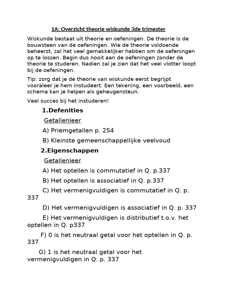 Wiskunde Overzicht Getallenleer 3de Trimester | PDF