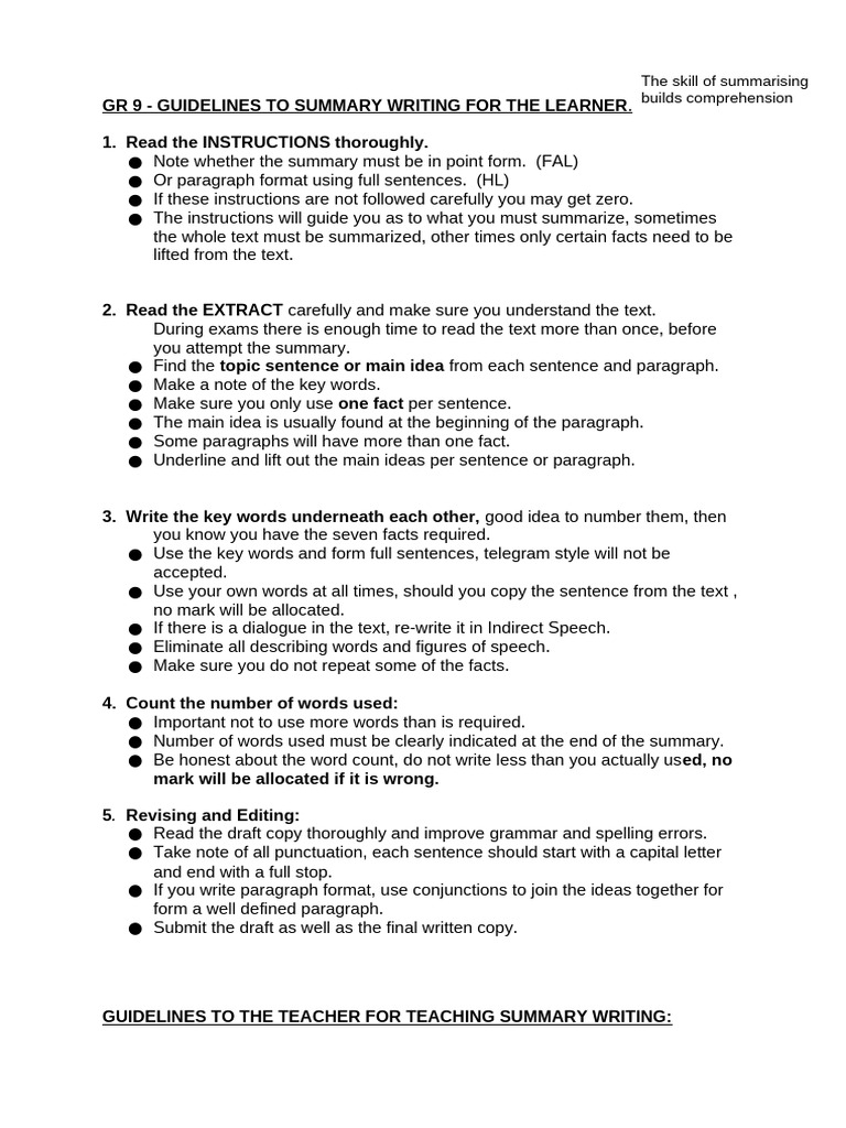 Grade 9 Summary Writing Guidelines | PDF | Word | Sentence (Linguistics)