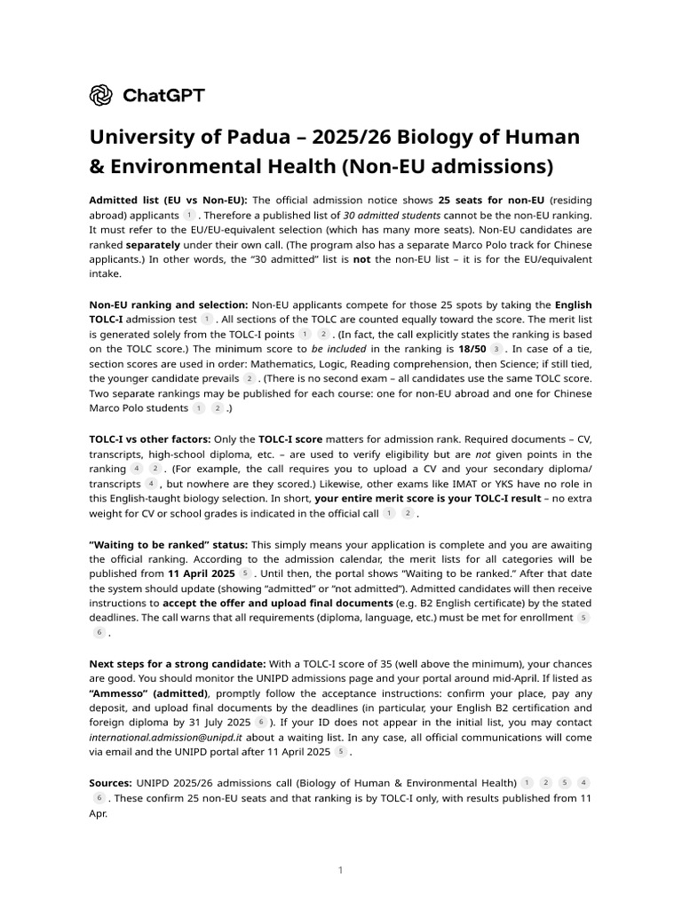 Padua Biology Health Entry Test 2026/27 | PDF | University And College ...