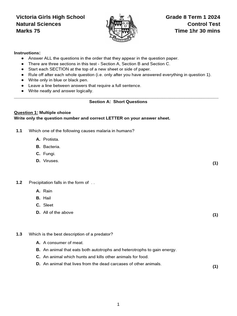 Grade 8 Term 1 Natural Science Test | PDF | Food Web | Ecosystem