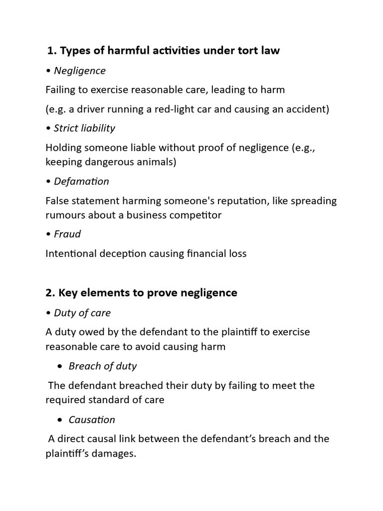 Types of Harmful Activities Under Tort Law: Negligence | PDF