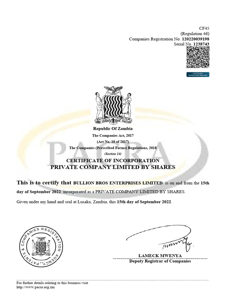 Bullion Bros Enterprises Certificate | PDF | Business