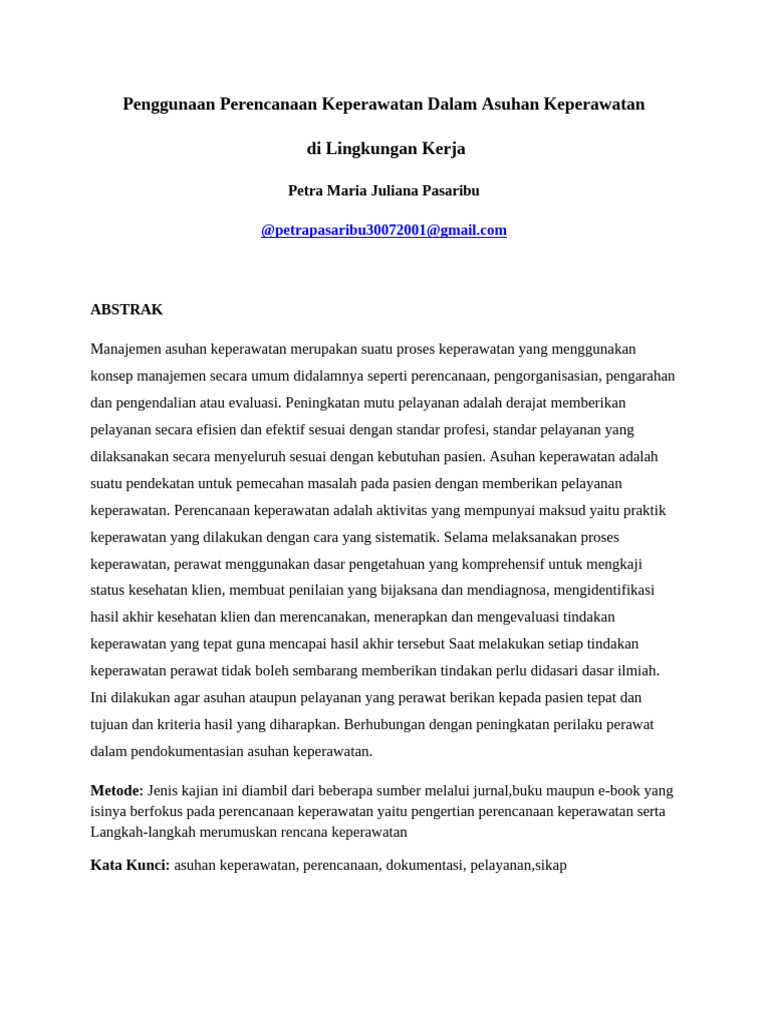 Penggunaan Perencanaan Keperawatan Dalam Asuhan Keperawatan Di Lingkungan Kerja (1) | PDF