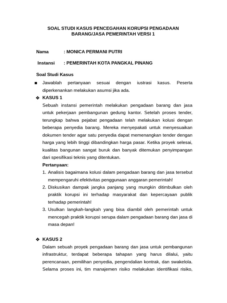 Soal Studi Kasus Materi Pencegahan Korupsi Dalam PBJ | PDF