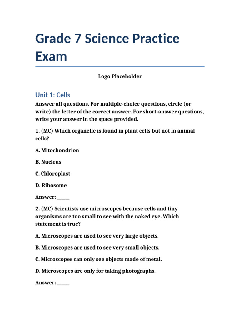Grade 7 Science Practice Exam | PDF | Protozoa | Cell (Biology)