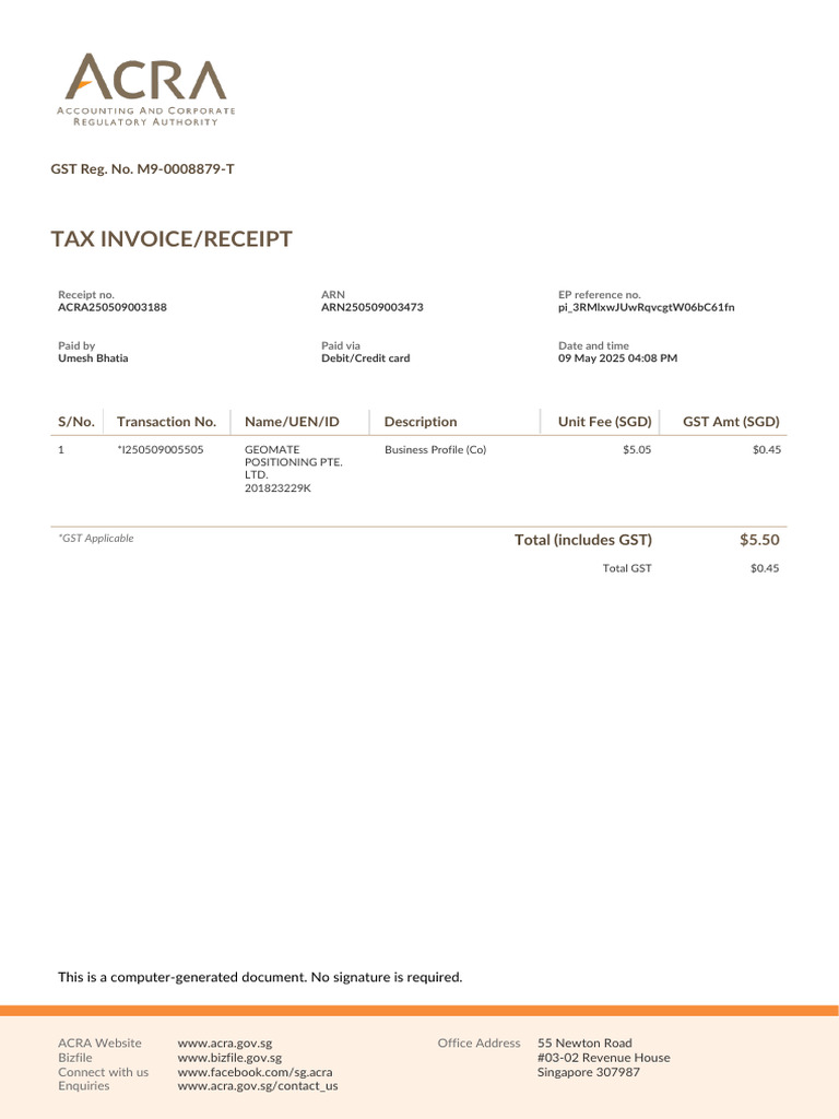ACRA Tax Invoice for GEOMATE PTE. LTD. | PDF