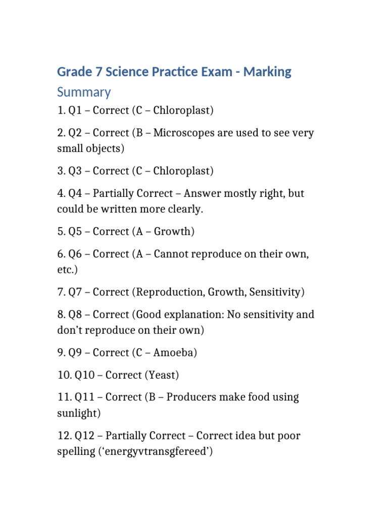 Grade 7 Science Exam Marking Guide | PDF