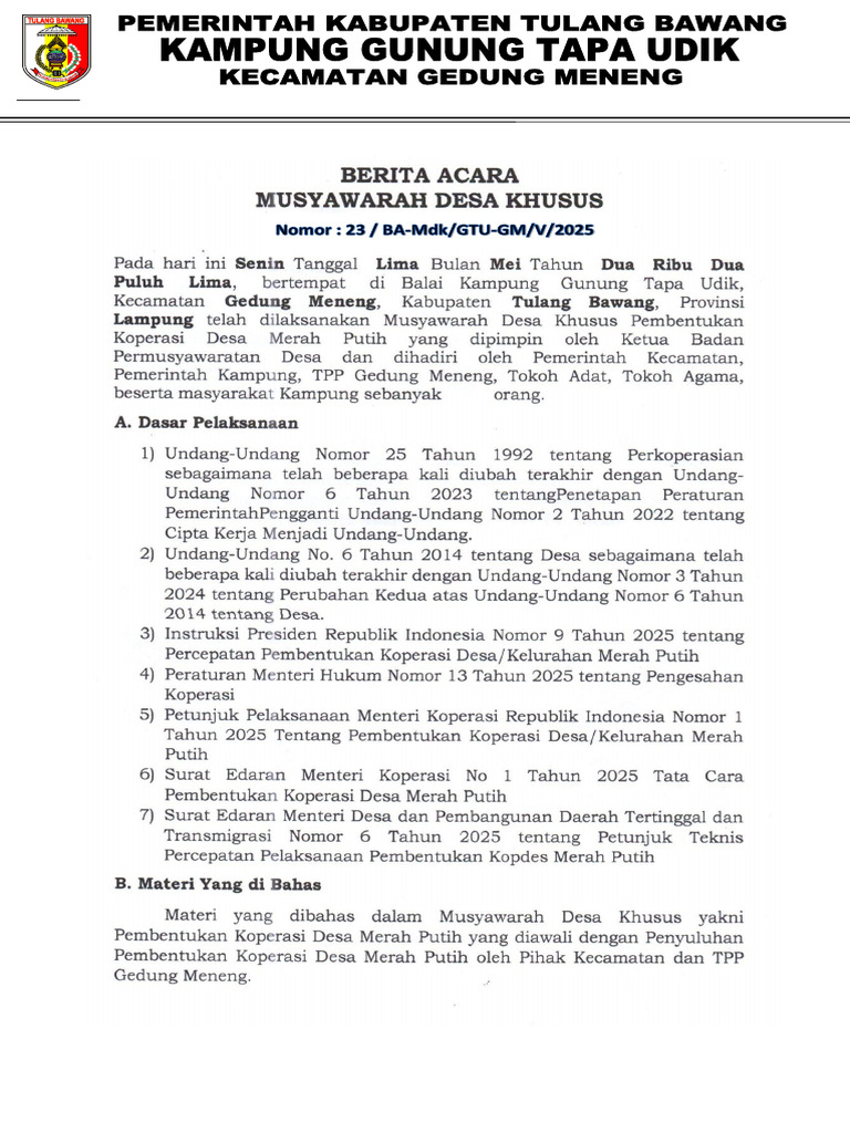 #1. Berita Acara Musdessus Kopdes MP Kam Gutu | PDF