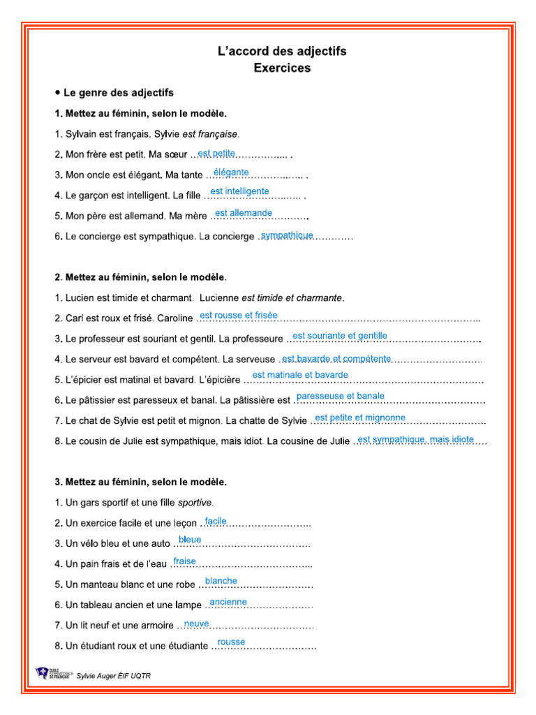 L'accord des adjectifs exercises | PDF