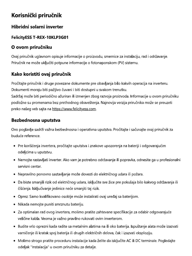 Prevod Korisničkog Priručnika Za FelicityESS T-REX-10KLP3G01 | PDF