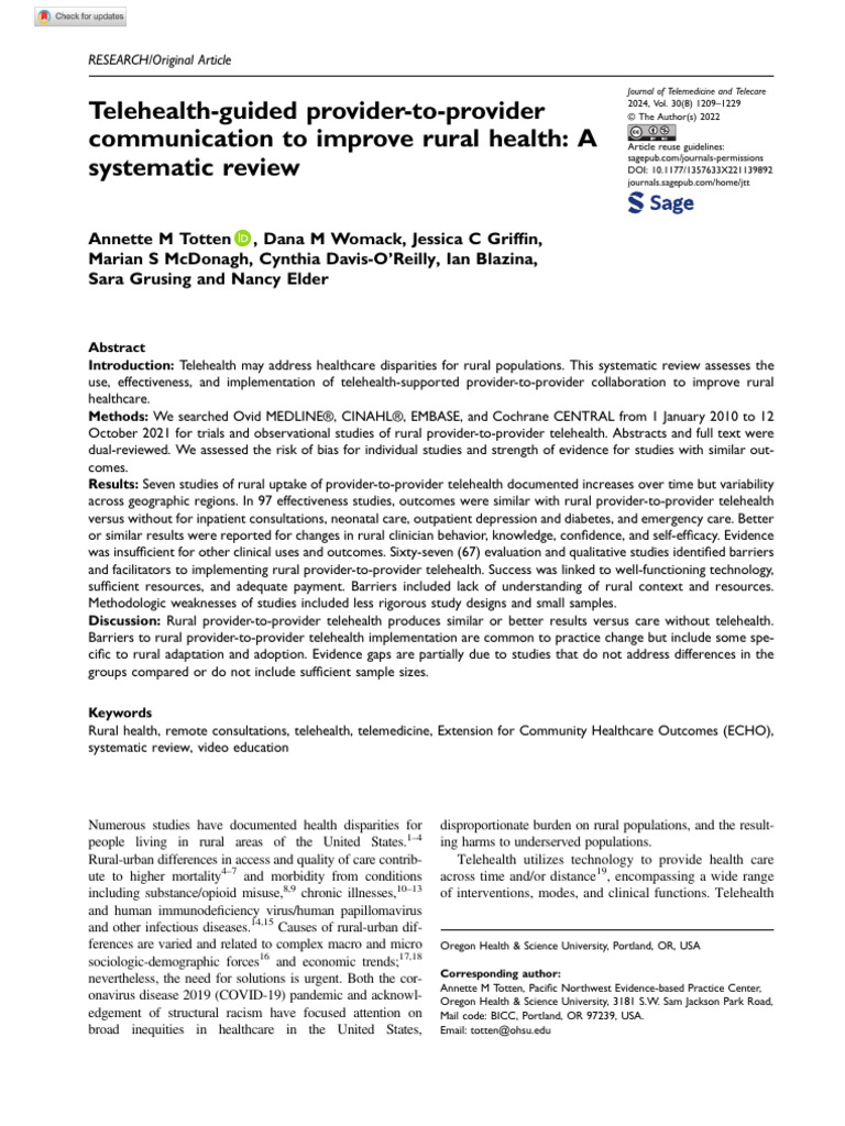 Totten Et Al 2022 Telehealth Guided Provider To Provider Communication To Improve Rural Health A ...