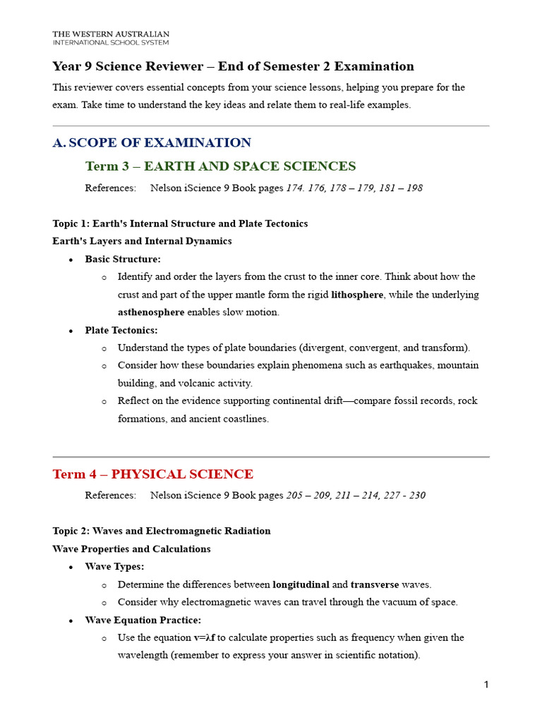Year 9 Science EOS2 Review Package - PWA | PDF | Waves | Plate Tectonics