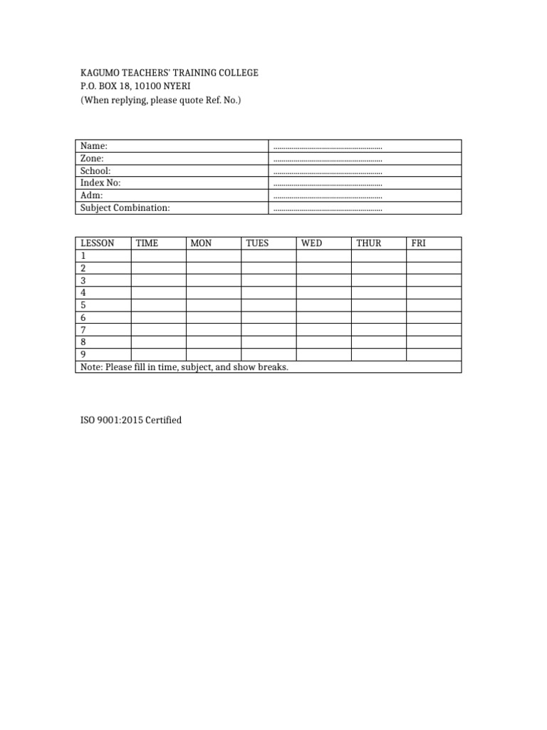 Blank Lesson Timetable | PDF