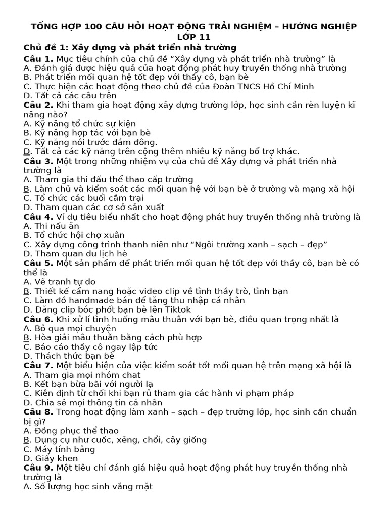 100 Câu HDTN Khối 11 | PDF