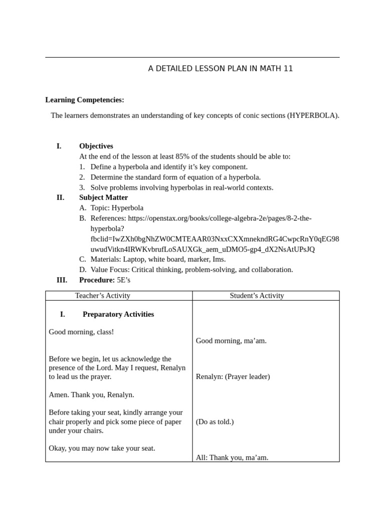 A Detailed Lesson Plan in Math 11 | PDF | Asymptote | Lesson Plan