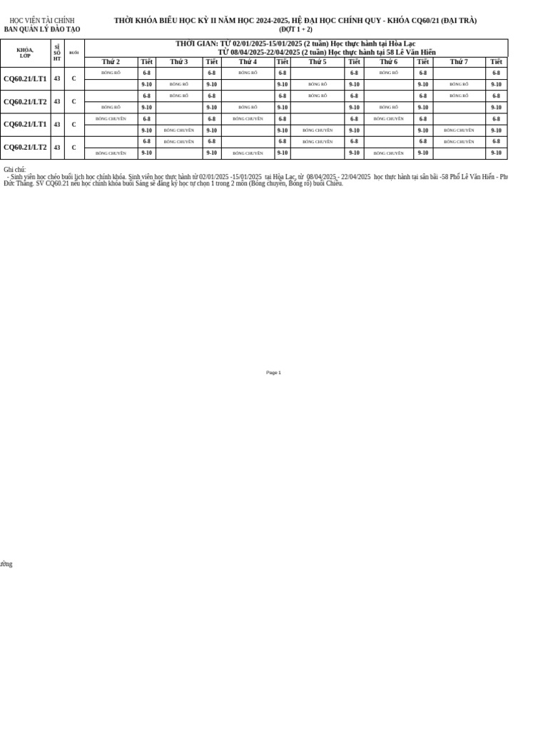 Tkb Hk1(24-25) Gdtc Khối 1 Đại Trà Chiều | PDF