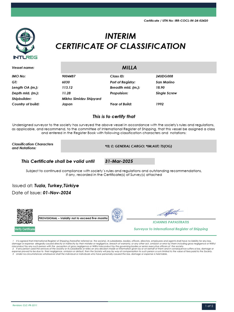 Certificate of Classification Interim | PDF | Ships | Shipping