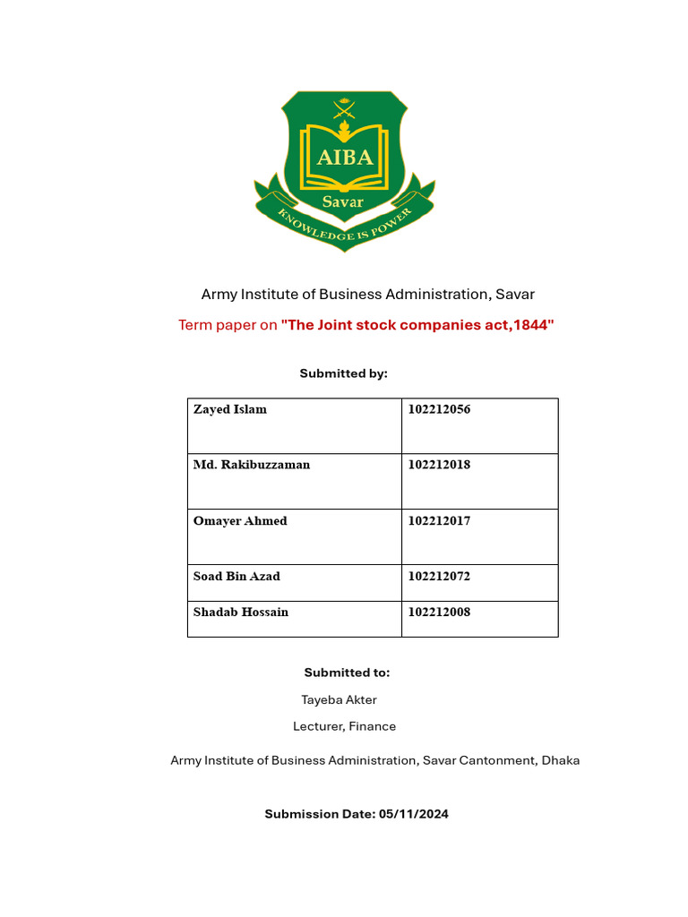 Army Institute of Business Administration | PDF | Joint Stock Company ...