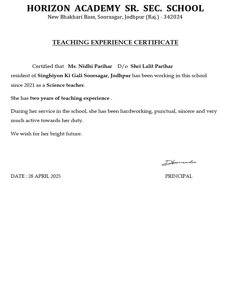 Teaching Experience Certificate | PDF