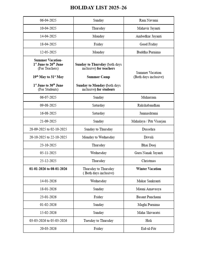 2025-26 School Holiday Schedule | PDF