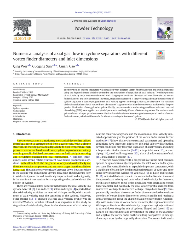 [5]. Wei. 2020. Numerical analysis of axial gas flow in cyclone separators with different vortex ...