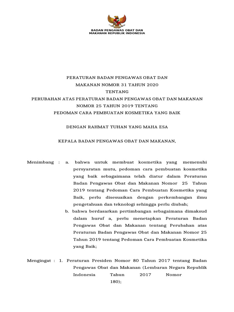 PerBPOM 31 2020 Perubahan Atas PerBPOM 25 Tahun 2019 Tentang Pedoman Cara Pembuatan Kosmetika ...