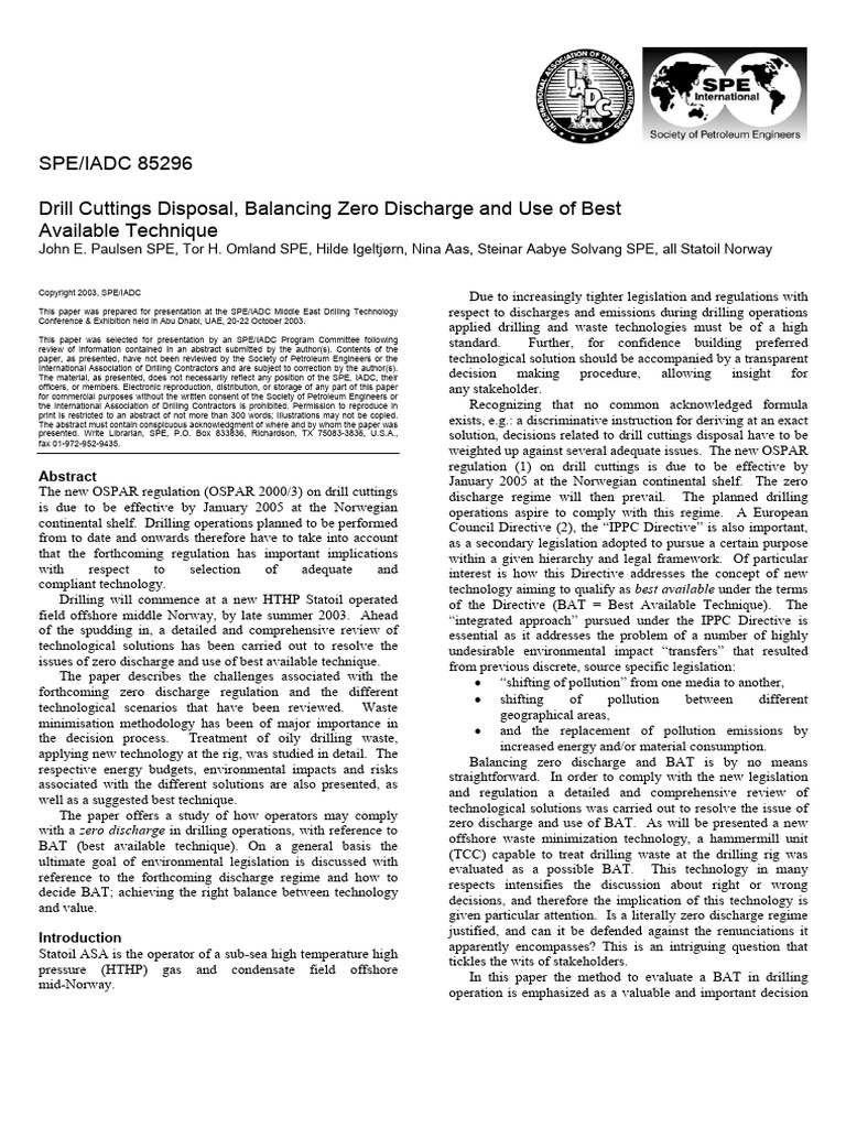 Drill Cuttings Disposal, Balancing Zero Discharge and Use of Best ...