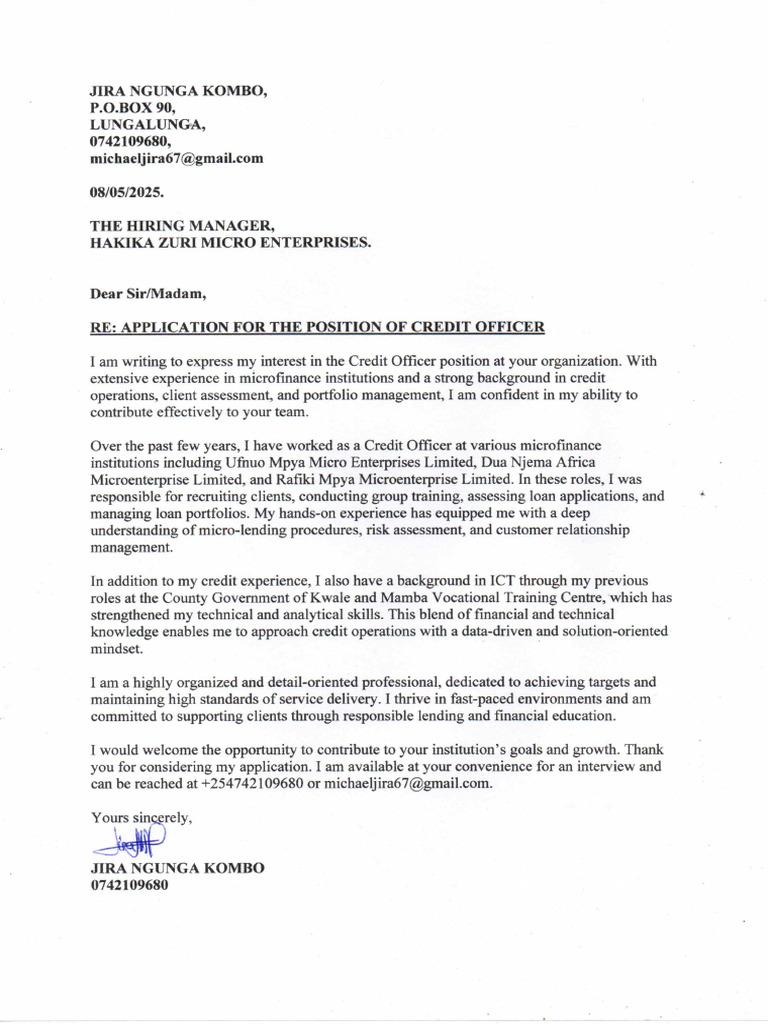 JIRA NGUNGA KOMBO Cover Letter | PDF