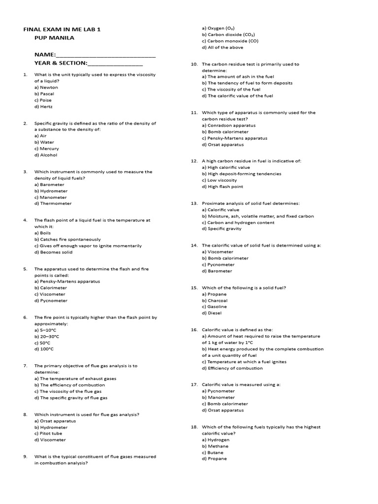 QUESTIONNAIRE-for-FINAL-EXAM-IN-ME-LAB-1-jan-27-2025-final | PDF | Pressure Measurement ...