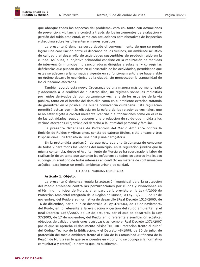 Artículo 1. Objeto.: NPE: A-091214-15608 | PDF | ruido | Protección del medio ambiente