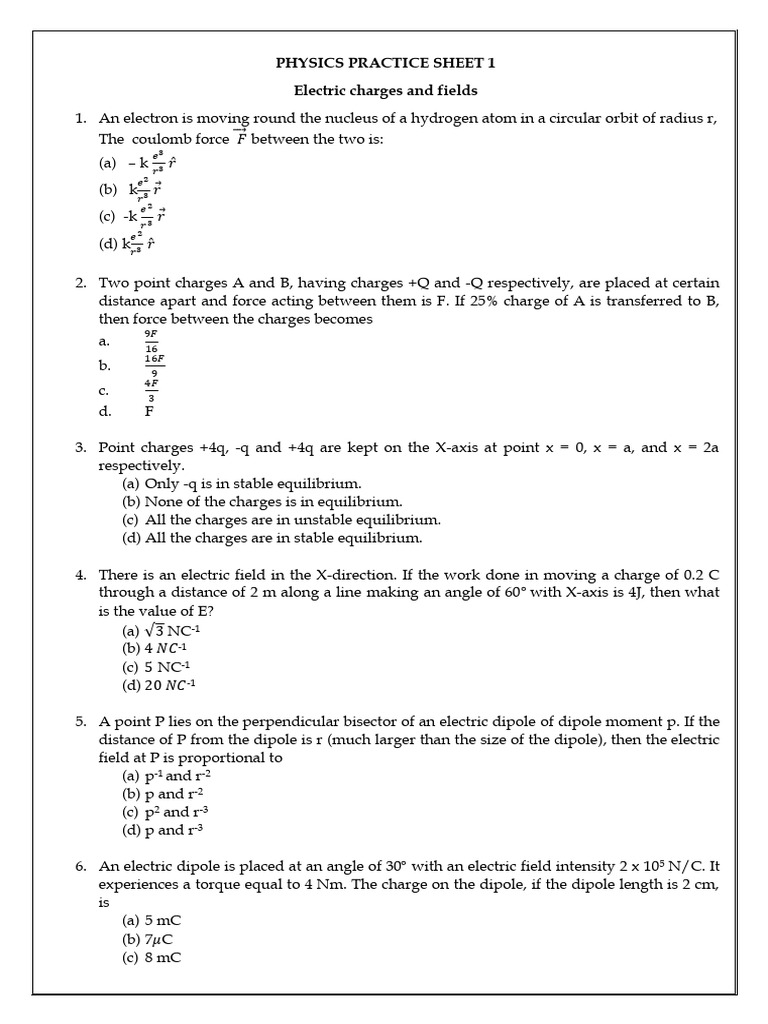 Electric Charges and Field 1 MCQ's | PDF | Sphere | Physics