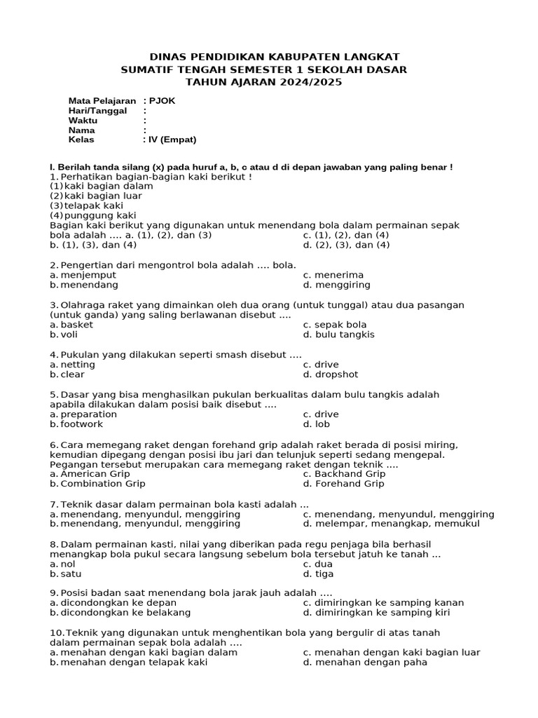 Soal PTS - STS PJOK Kelas 4 Semester 1 Kurikulum Merdeka T.A 2023-2024 | PDF