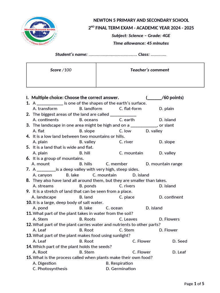 Grade 4 Science Exam: Term 2 | PDF | Plants | Foods