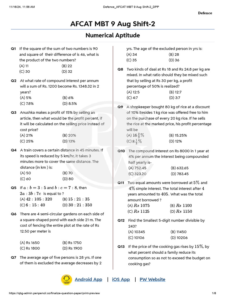 Defence - AFCAT MBT 9 Aug Shift-2 - DPP | PDF | Interest | Percentage