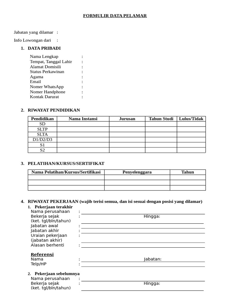 Formulir Data Pelamar Kerja Lengkap | PDF