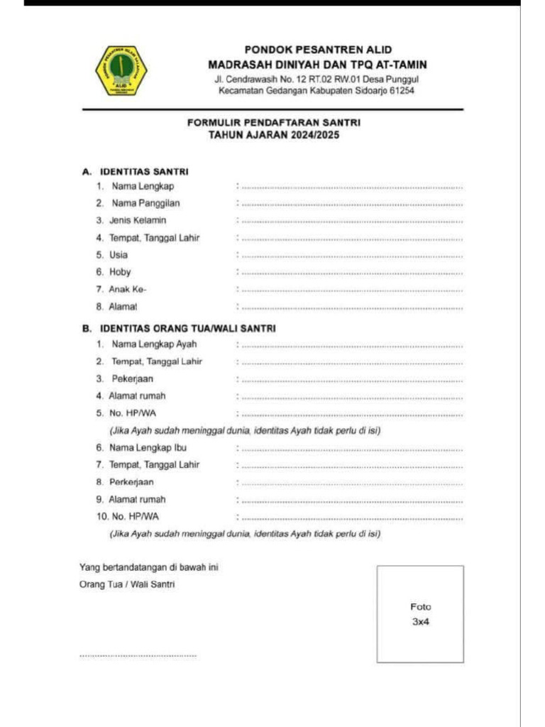 Formulir Pendaftaran Ponpes | PDF