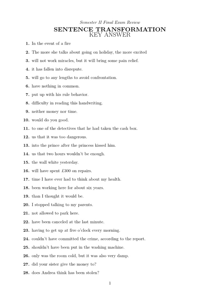 Semester II Exam Review: Sentence Transformations | PDF