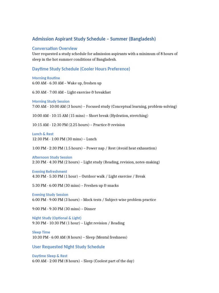 Admission Study Schedule for Bangladesh | PDF | Sleep | Relaxation ...