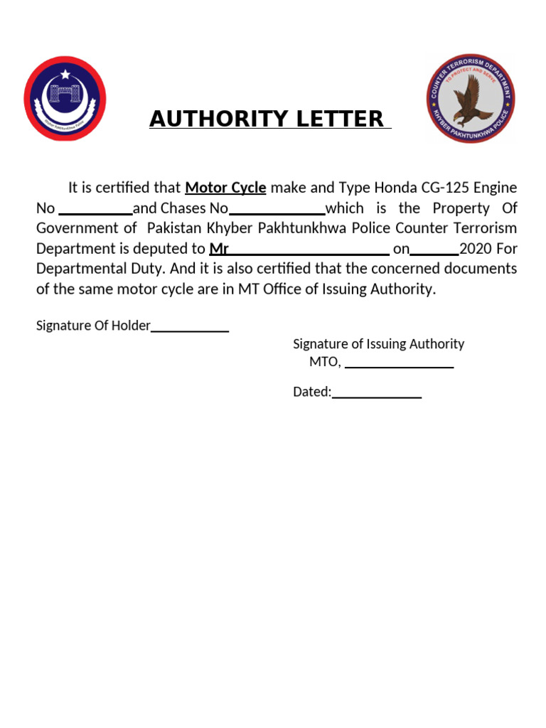 Authority Letter for Honda CG-125 Use | PDF