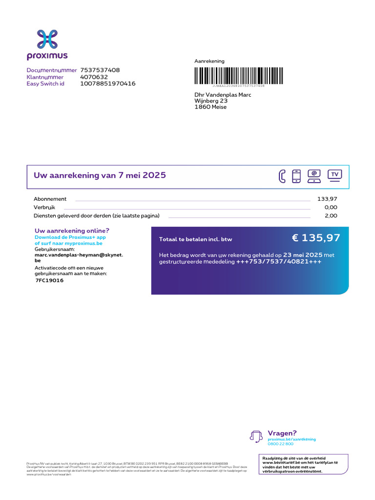 Uw Aanrekening Van 7 Mei 2025: 7537537408 4070632 10078851970416 DHR ...