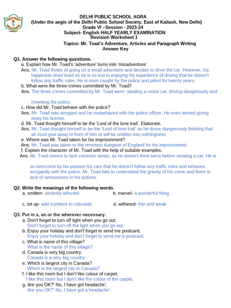 Grade VI English Exam Revision Worksheet | PDF