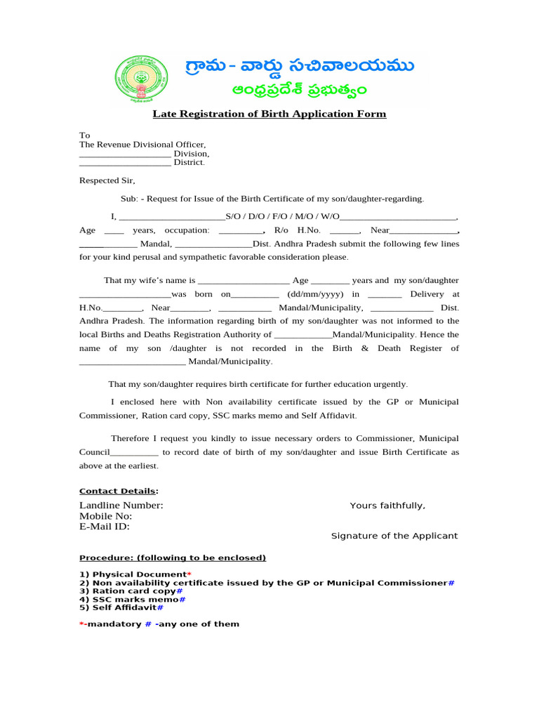 Late Birth Registration Application Form | PDF